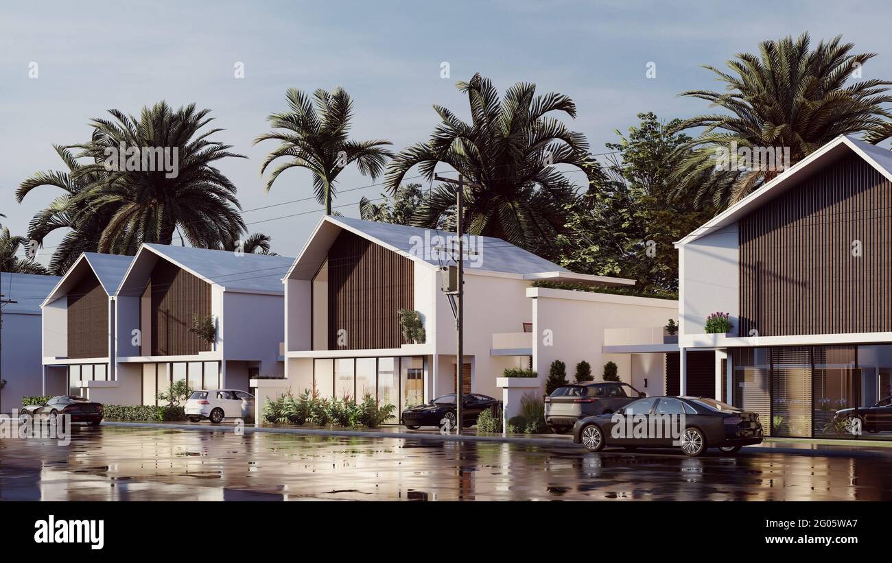 3d render view of beautiful houses exterior, neighborhood Stock Photo ...