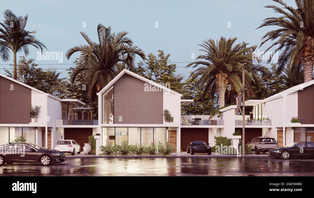 3d render view of beautiful houses exterior, neighborhood Stock Photo ...