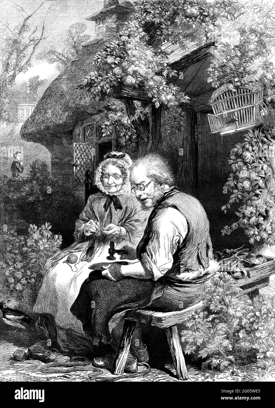 An engraved vintage illustration portrait of a cobbler and his wife ...