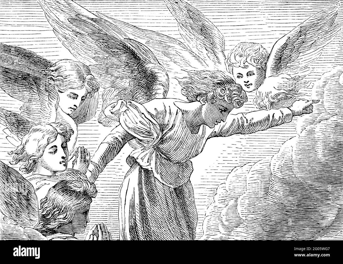 An engraved illustration of a group of angels from a Victorian book ...