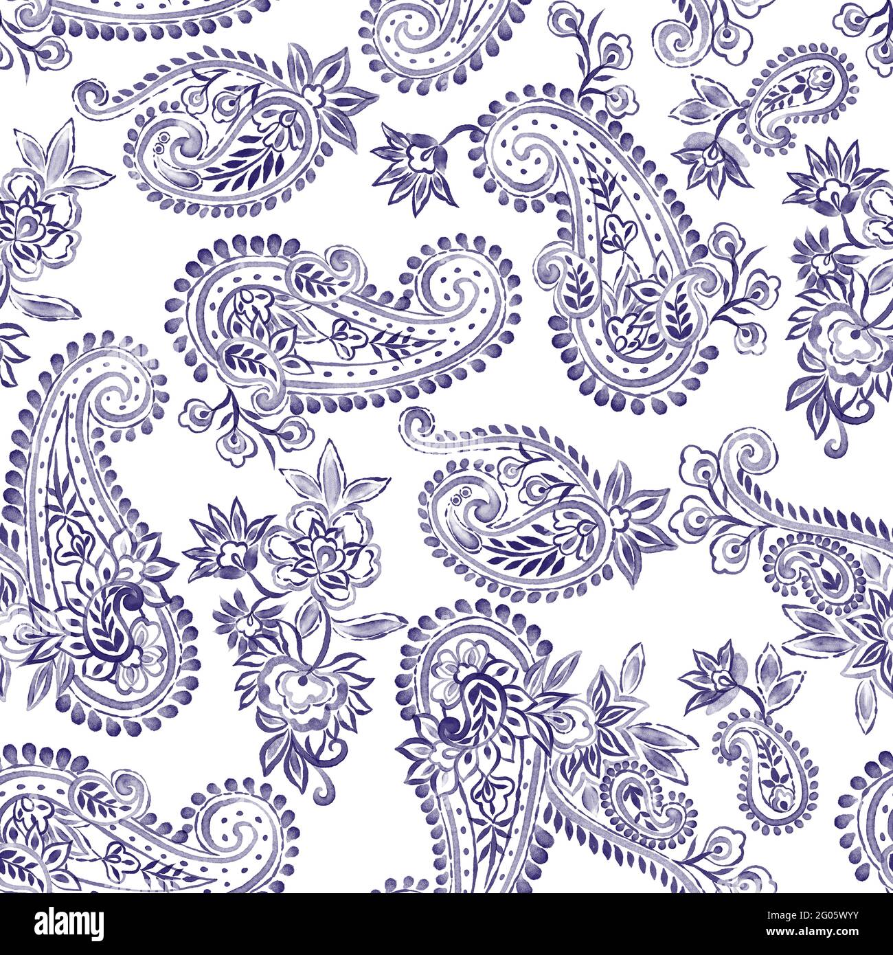 Elegant blue paisley seamless, watercolor hand-painted design elements ...