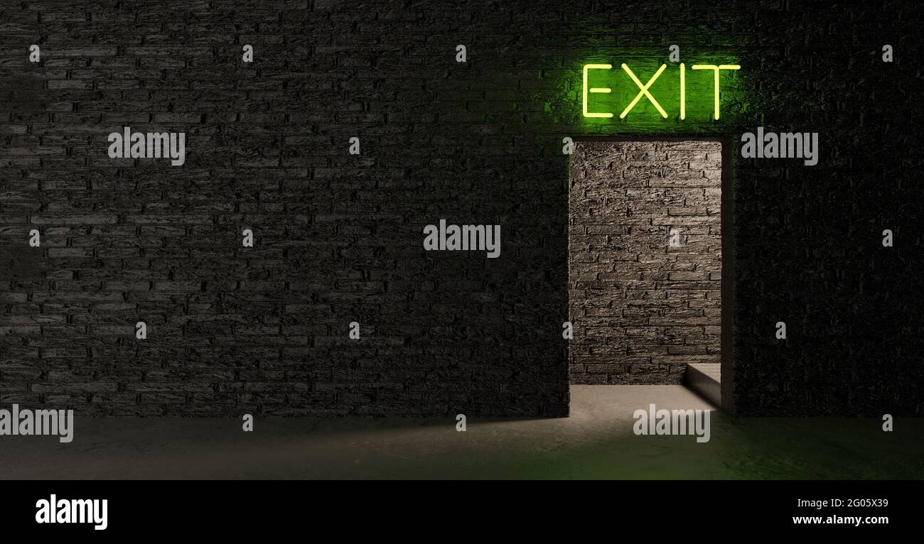dark subway interior of brick walls with an illuminated door with neon ...