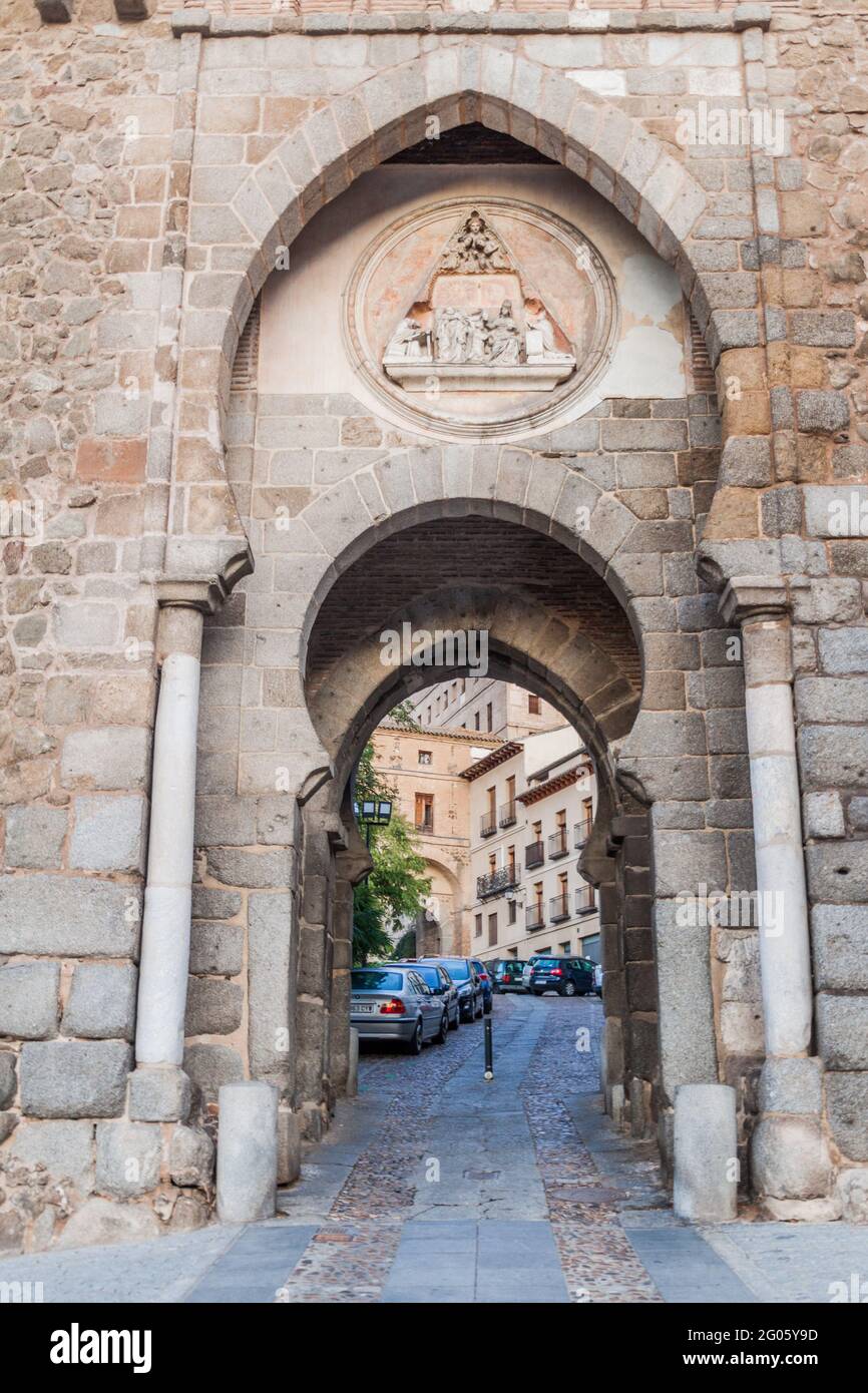 TOLEDO, SPAIN - OCTOBER 23, 2017:View through Puerta del Sol gate in ...