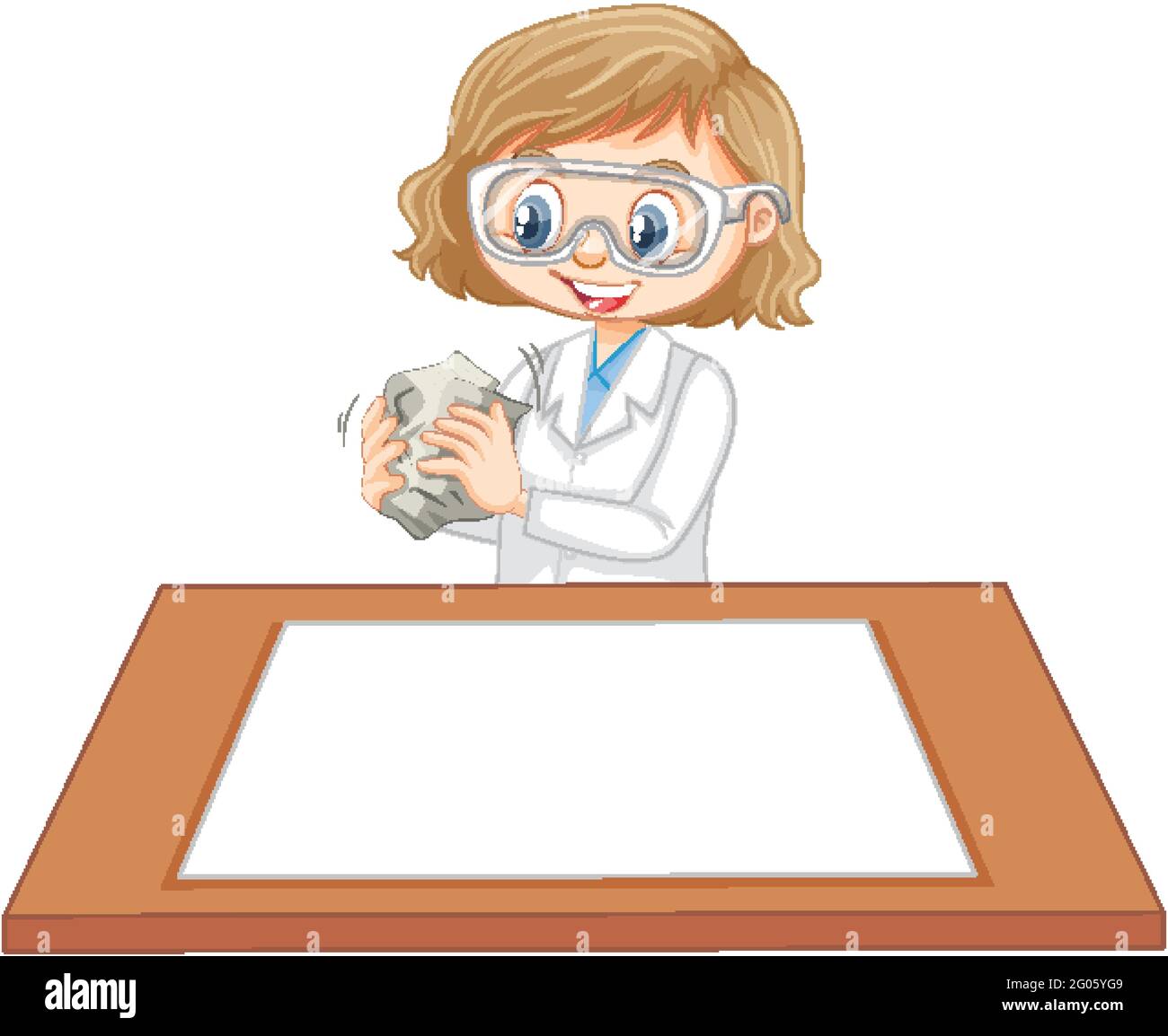 Cute girl wearing scientist uniform with blank paper on the table ...