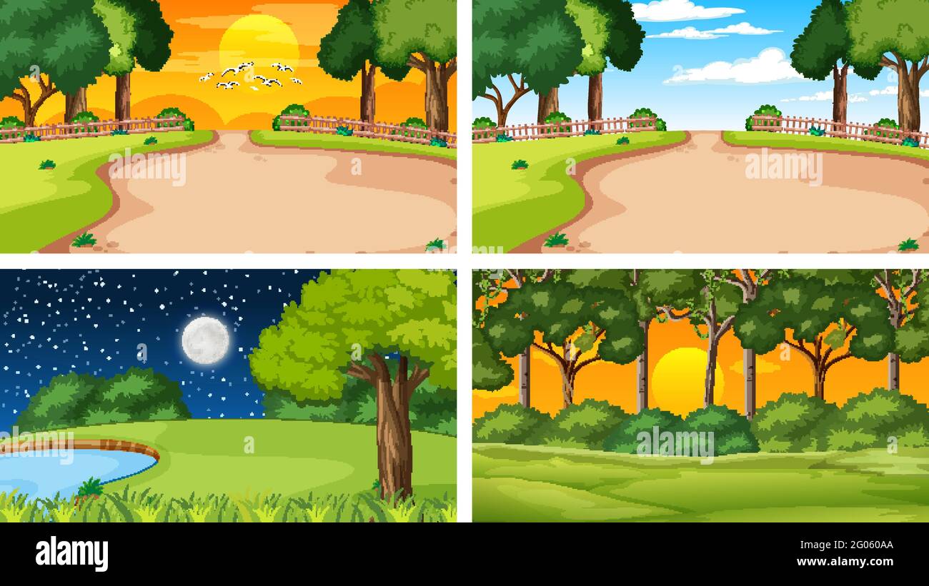 Four different scene of nature park and forest illustration Stock ...