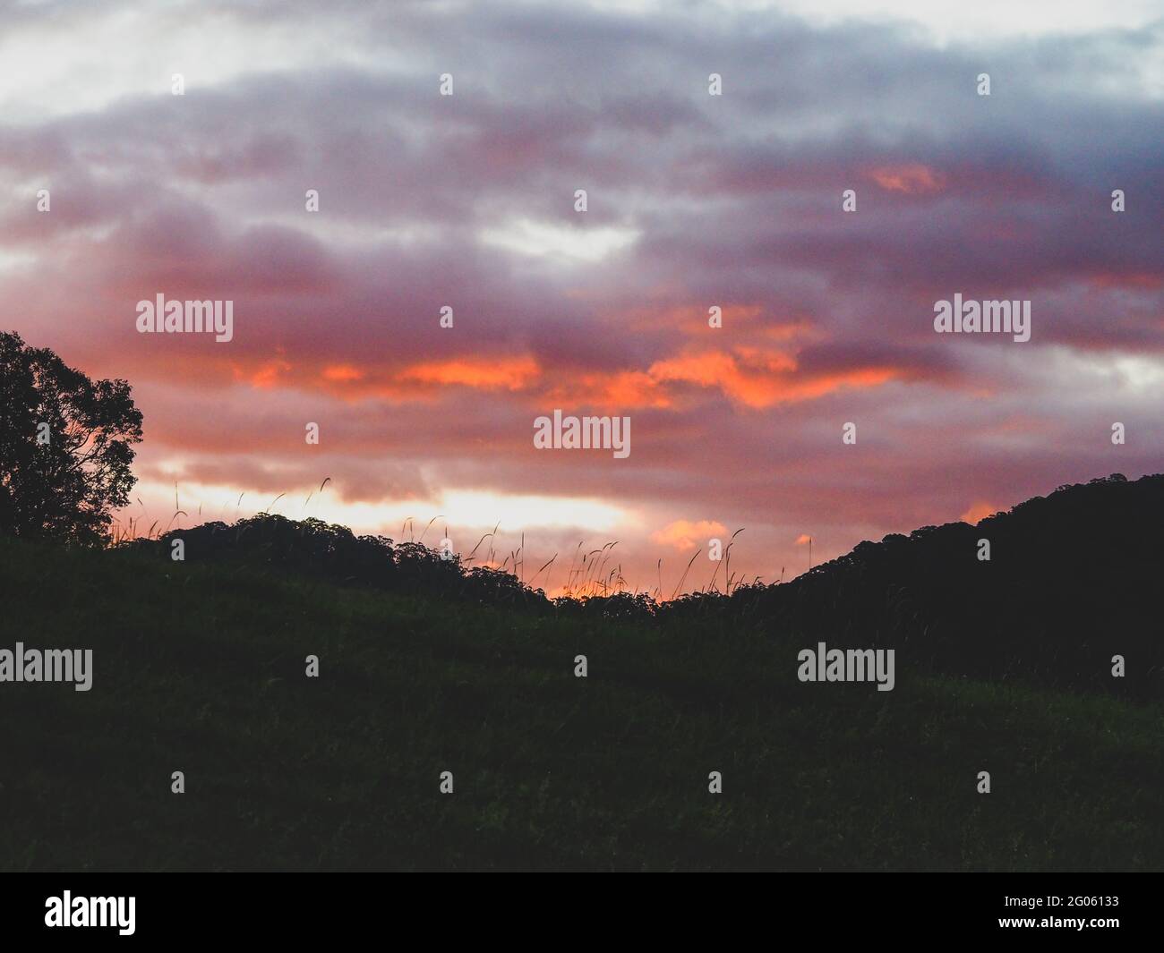 Pink Sunset, The setting sun lighting up the clouds to a fiery orange ...