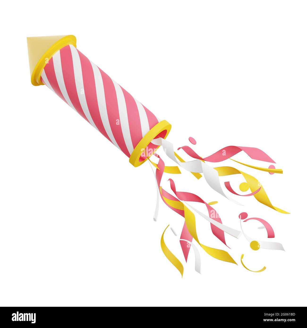 Firework with confetti 3d render illustration. Pink and yellow striped ...