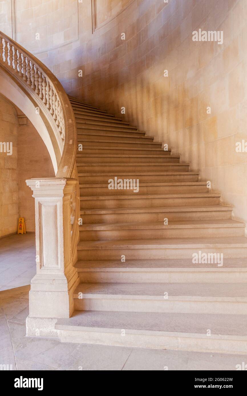 Staircase of Carlos V palace at Alhambra in Granada, Spain Stock Photo ...