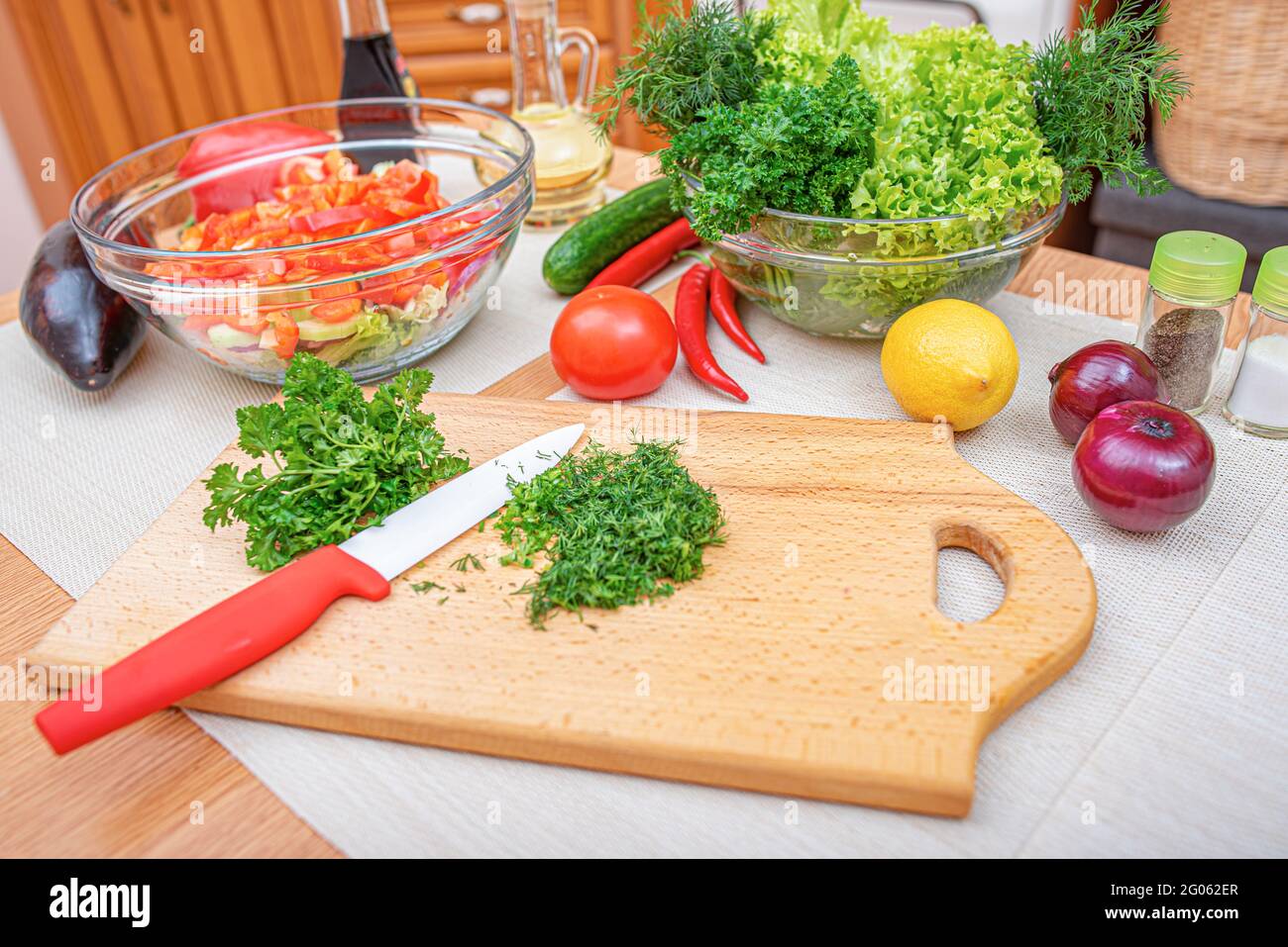 Healthy food products on the table in the kitchen Stock Photo - Alamy