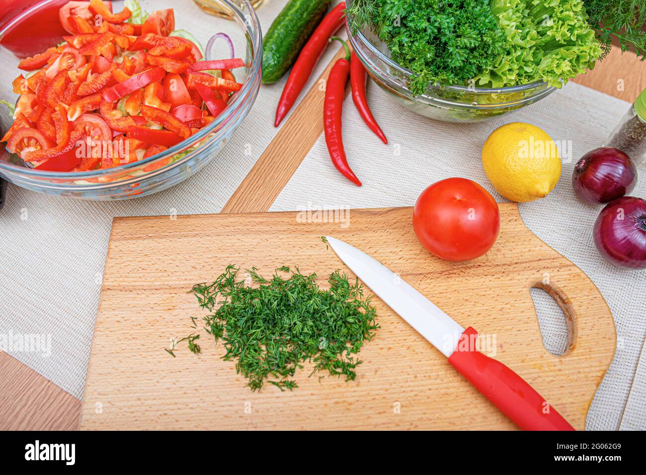 Healthy food products on the table in the kitchen Stock Photo - Alamy