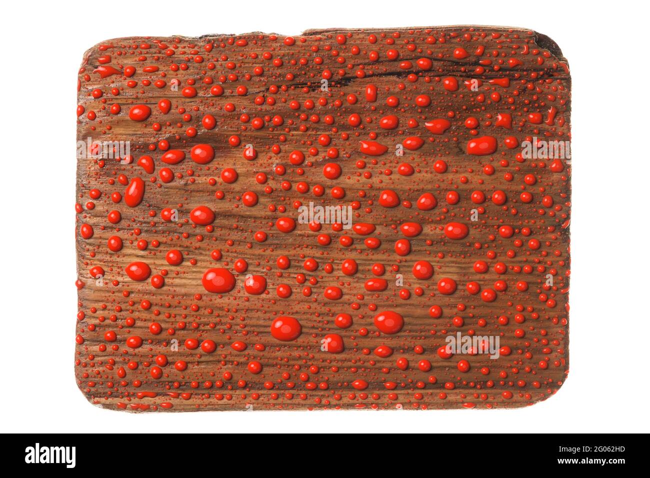 Old wooden sign in drops of red paint. Isolated on white background ...