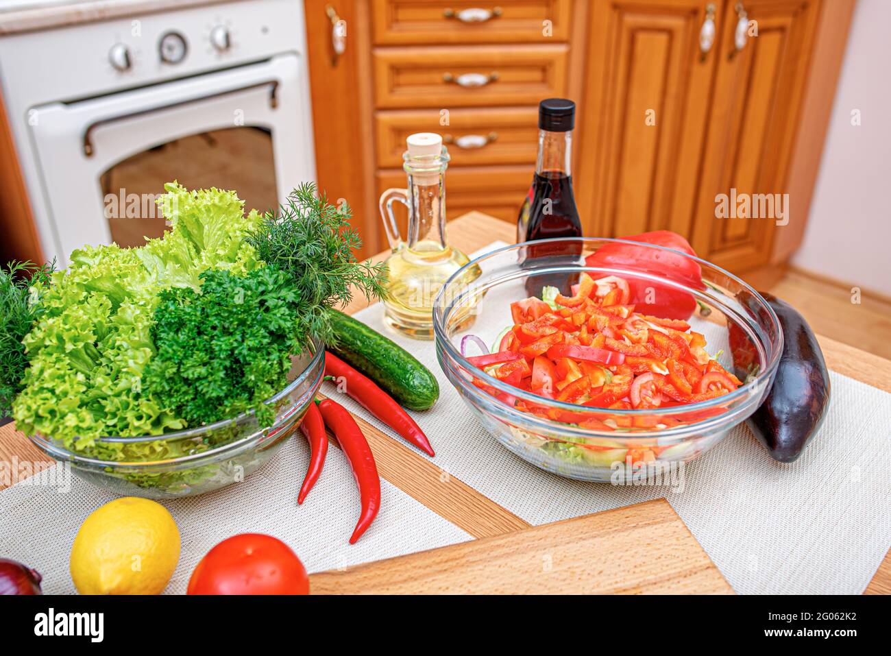 Healthy food products on the table in the kitchen Stock Photo - Alamy