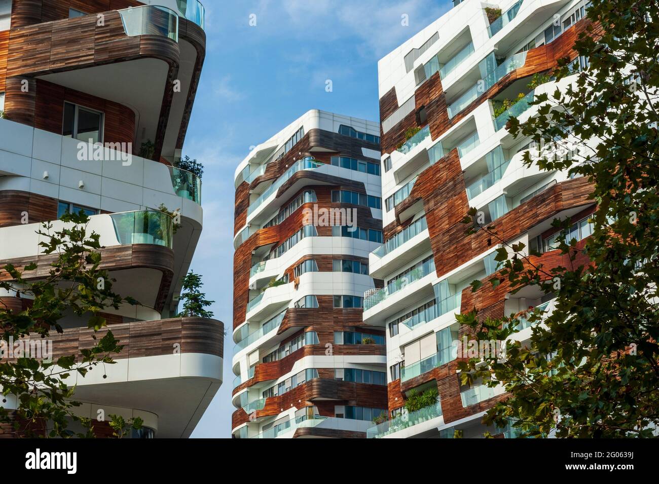 View of Hadid Residences: Angular balconies and timber panelling ...