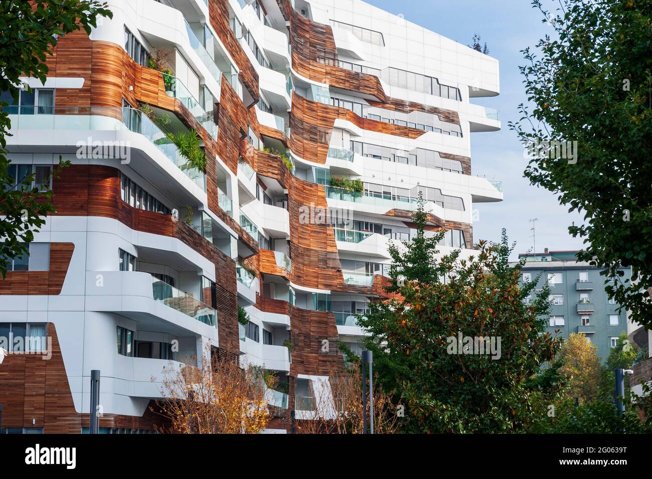 View of Hadid Residences: Angular balconies and timber panelling ...