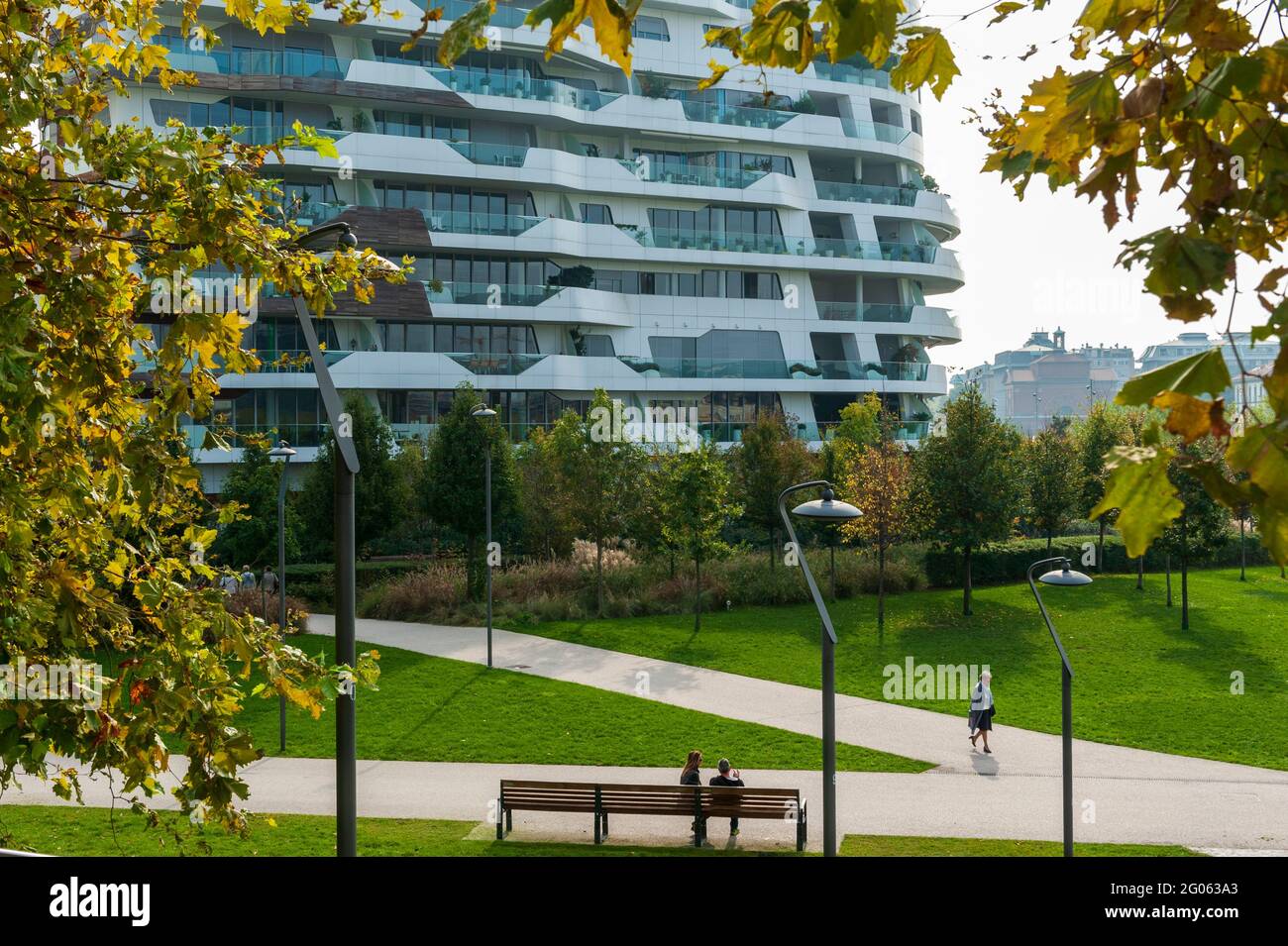 View of Hadid Residences: Angular balconies and timber panelling ...