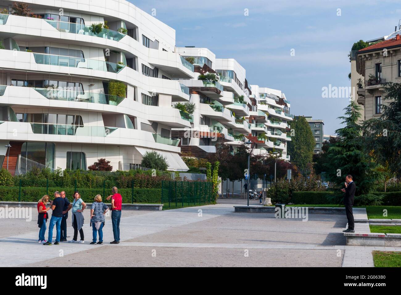View of Hadid Residences: Angular balconies and timber panelling ...