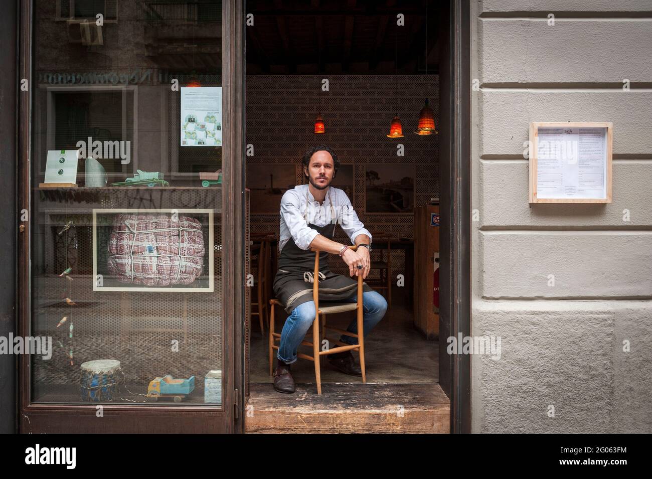 Chef Marco Ambrosino, portrait iinside his restaurant named "28 Posti ...