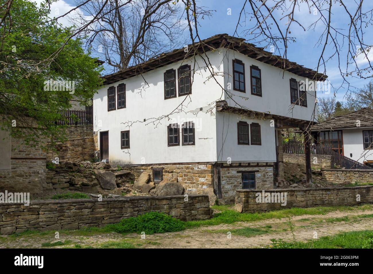 Typical street and old houses at historical village of Bozhentsi ...