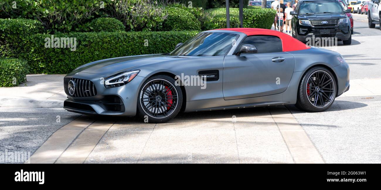 Palm Beach, Florida USA - March 21, 2021: grey Mercedes-benz AMG GTS V8 ...