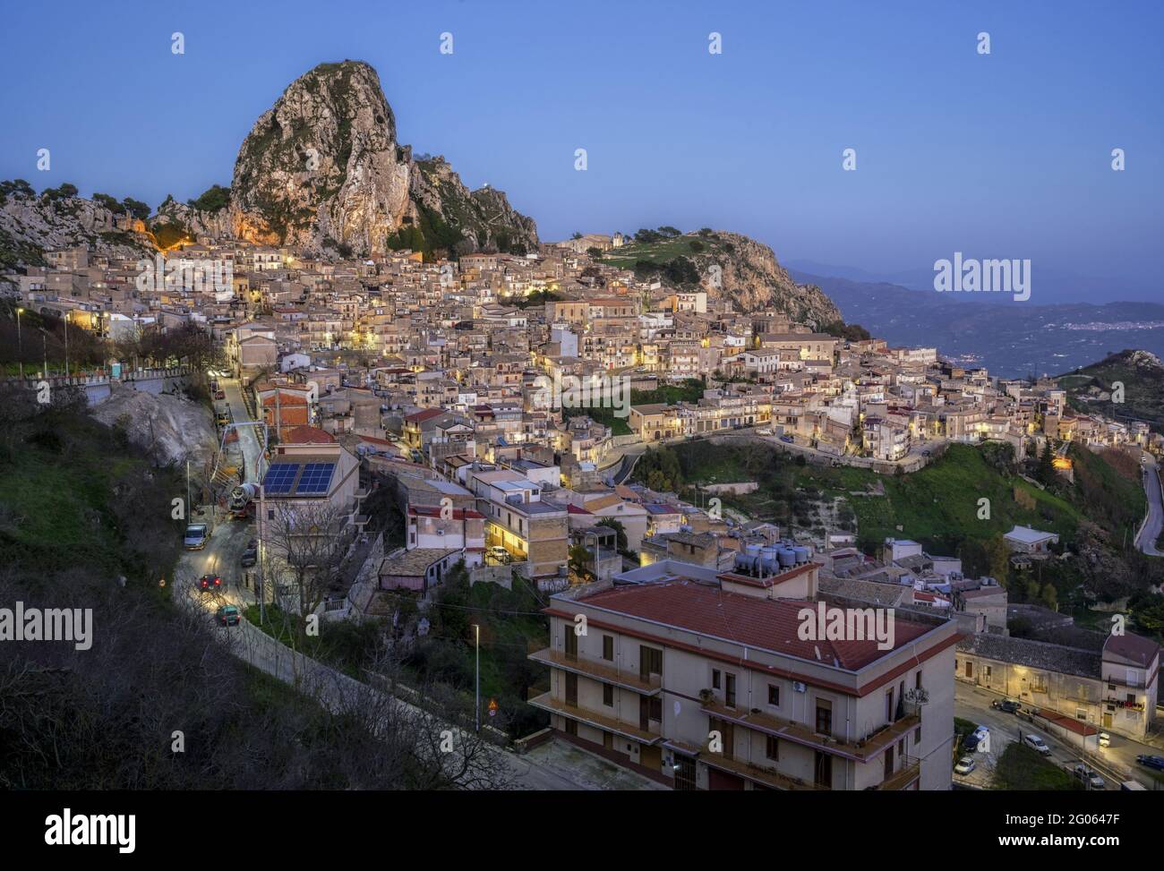 Aerial view of the village of Caltabellotta, Sicily, Italy, Europe ...