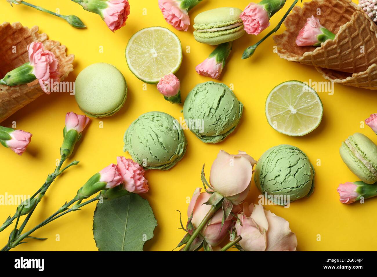 Concept of delicious food on yellow background Stock Photo - Alamy