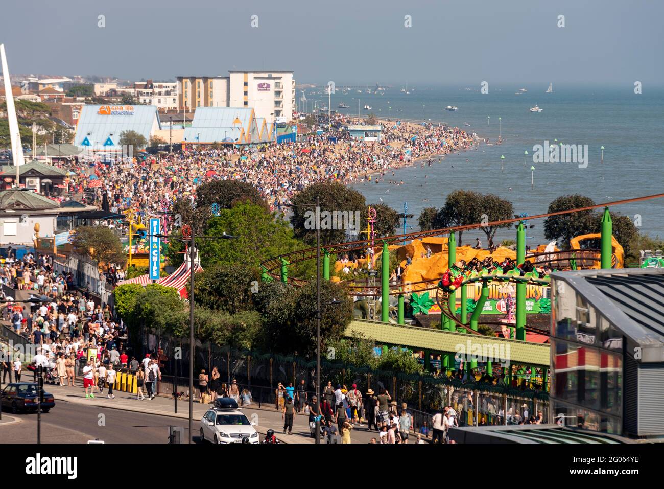 Packed beaches and seafront of Southend on Sea, Essex, UK, as England ...