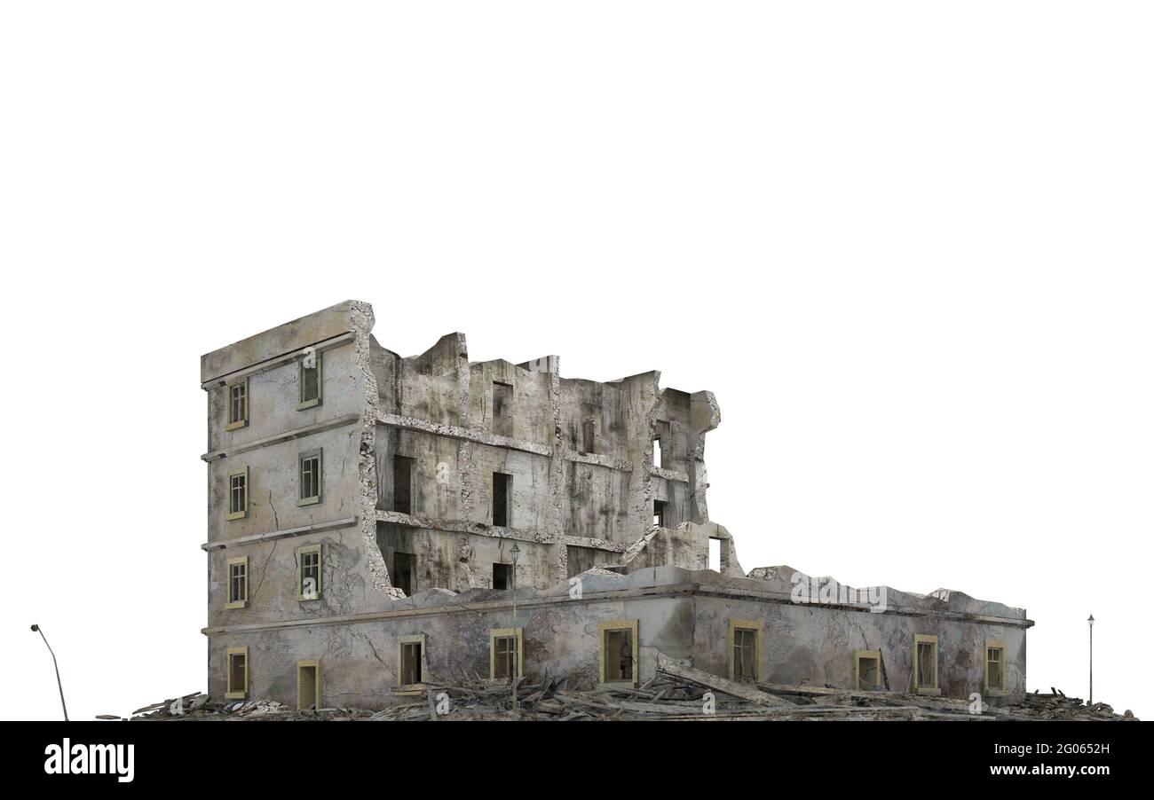 3D illustration ruined city building isolated on white Stock Photo - Alamy
