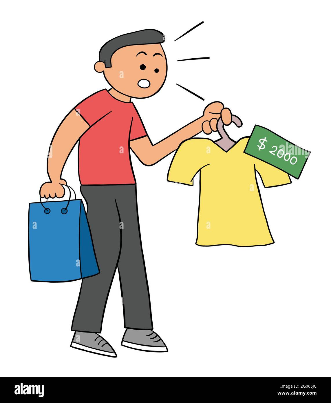 Cartoon man surprised to see the high price of the shirt, vector ...