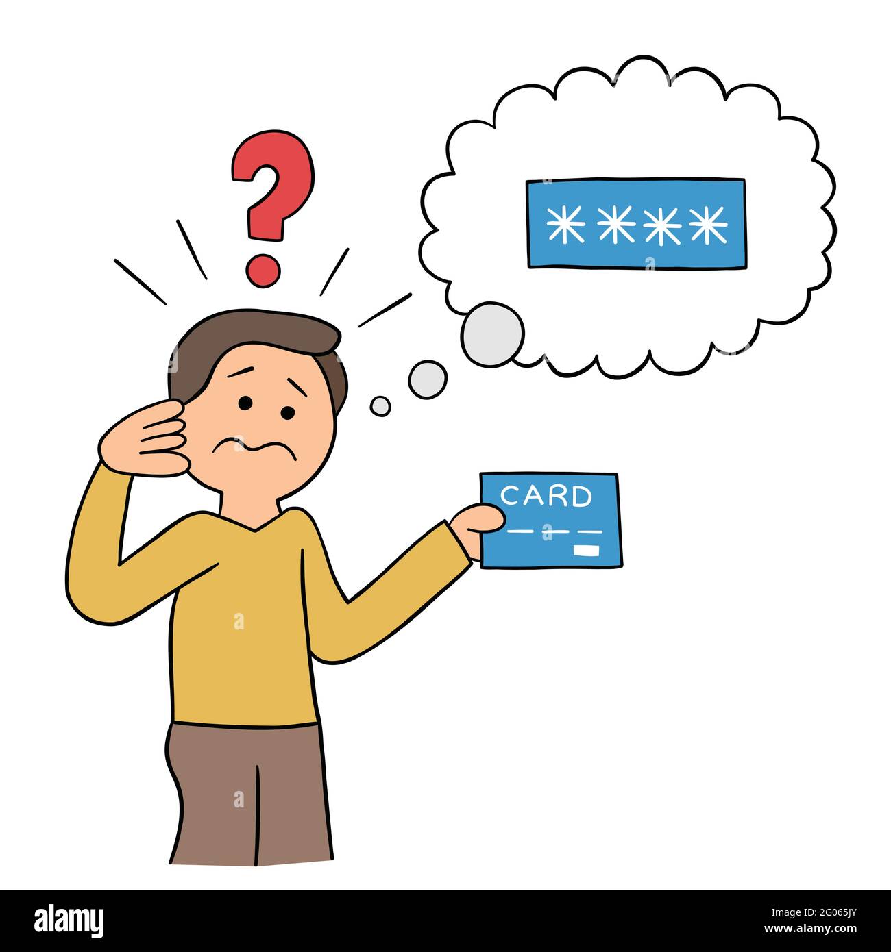Cartoon man trying to remember credit card password, vector ...