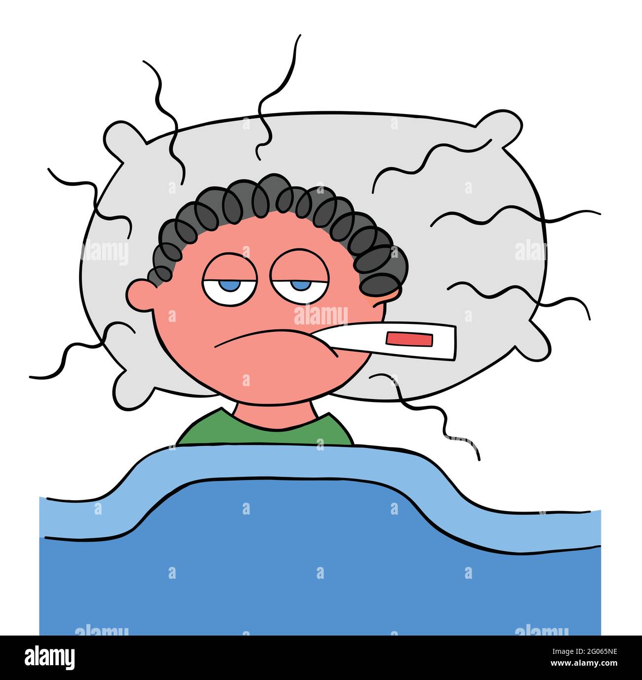 Cartoon man is lying down and has a fever, vector illustration. Black ...