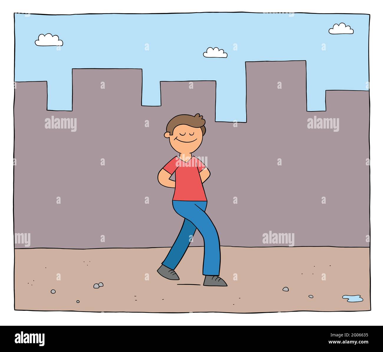 Cartoon man walks alone on the empty street and is happy, vector ...
