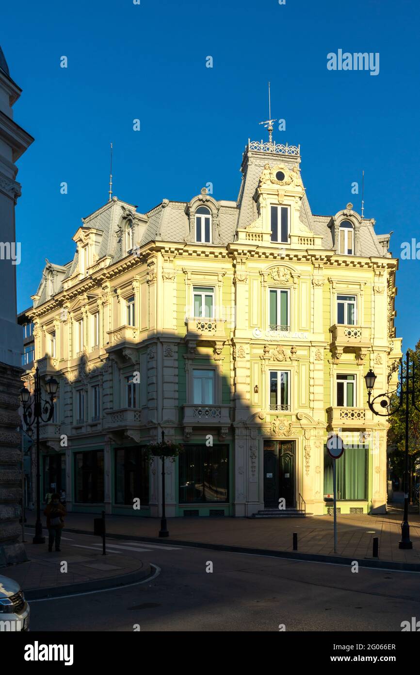 RUSE, BULGARIA -NOVEMBER 2, 2020: Typical Building and street at the ...