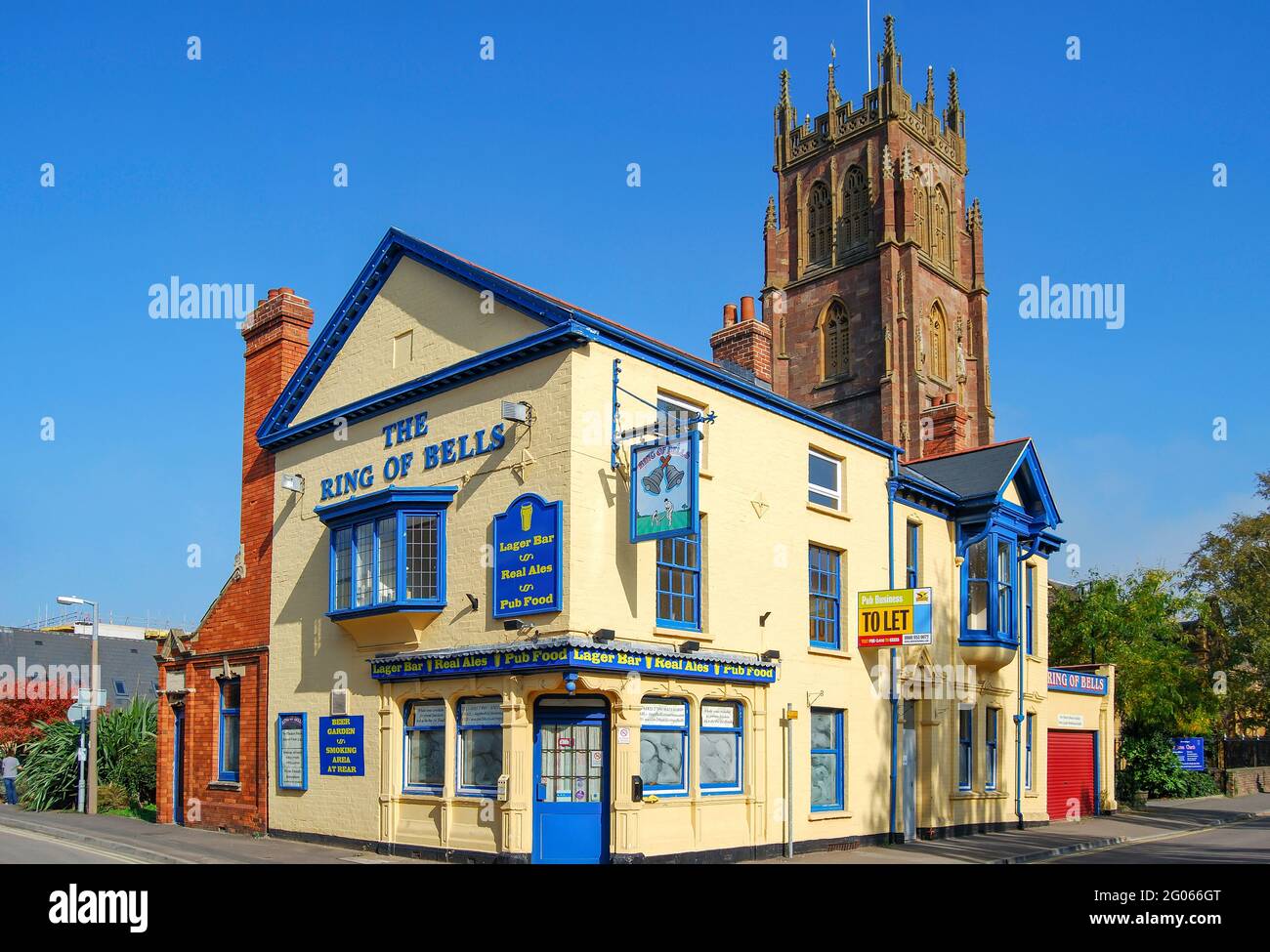Ring of Bells pub and St.James Church tower, St James Street, Taunton ...