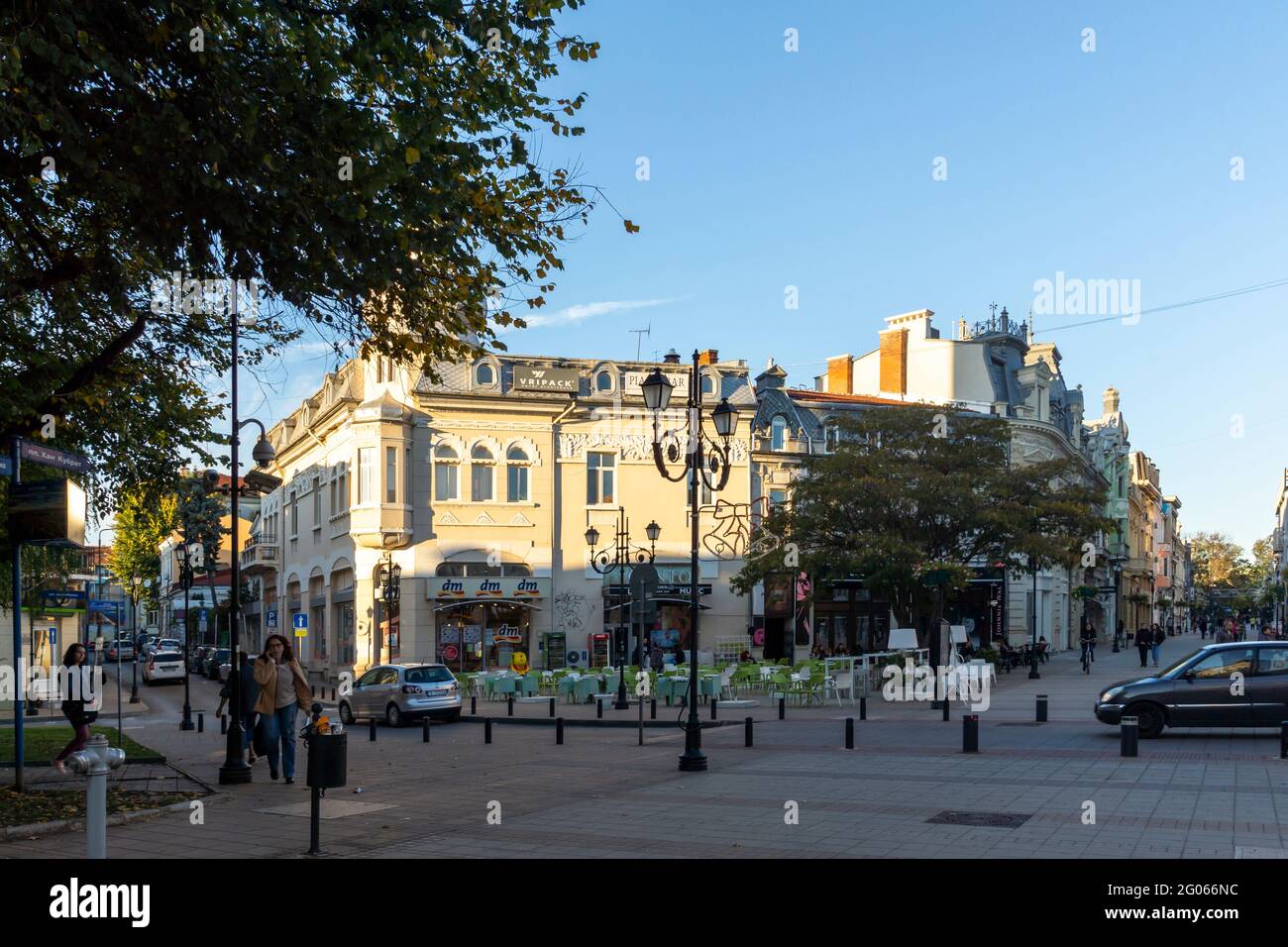 RUSE, BULGARIA -NOVEMBER 2, 2020: Typical Building and street at the ...
