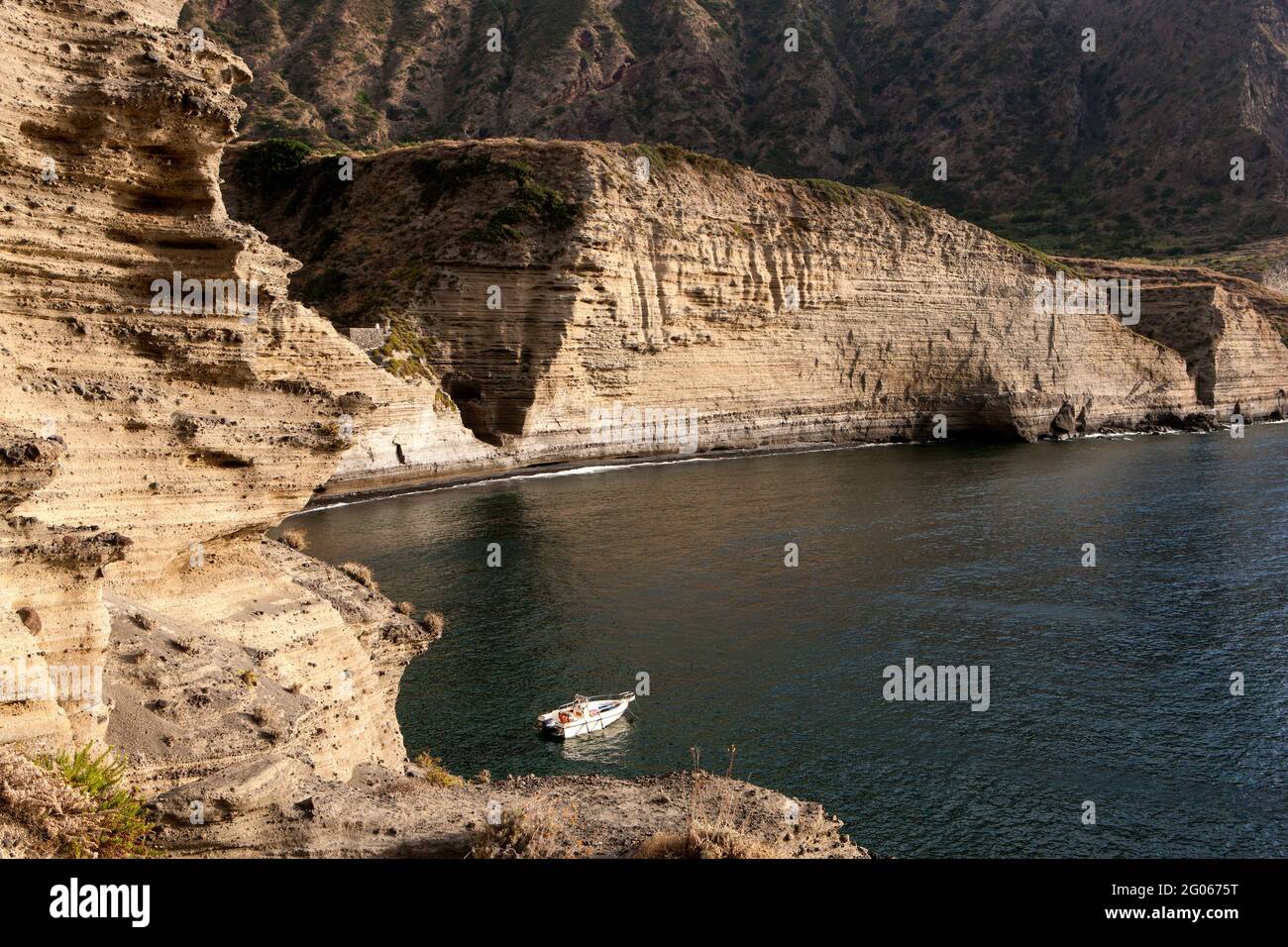 Pollara beach, tuff cliff, boat, Salina island, Aeolian Islands, Sicily ...