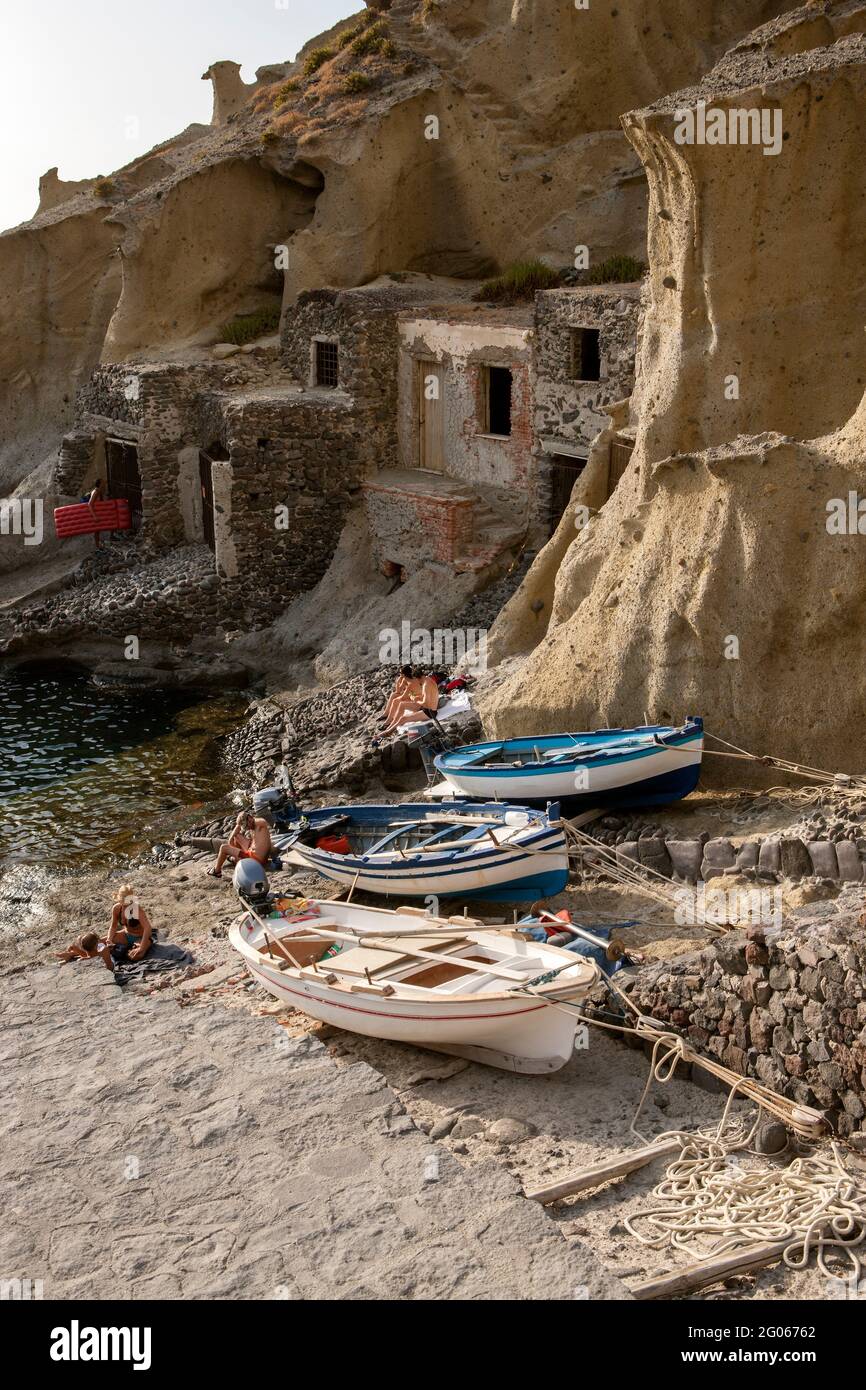 Pollara beach, tuff cliff, garaging fishing boats, Salina island ...