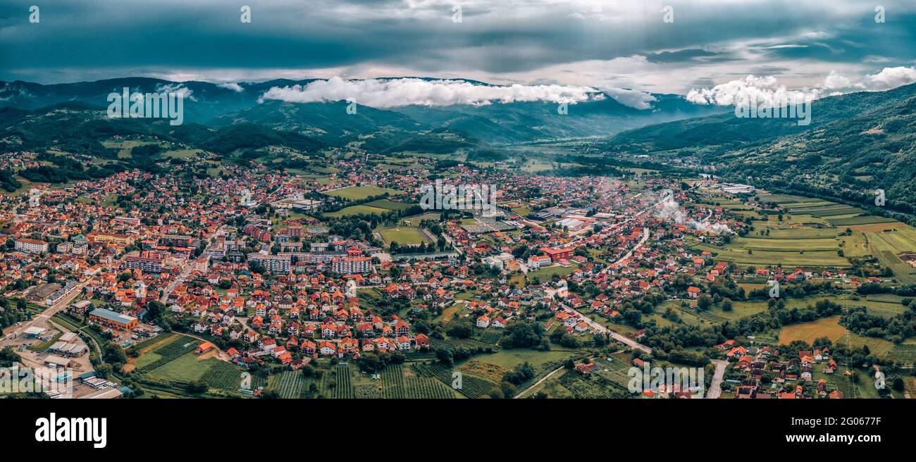Drone panorama of Bajina Basta, a town in Serbia Stock Photo - Alamy
