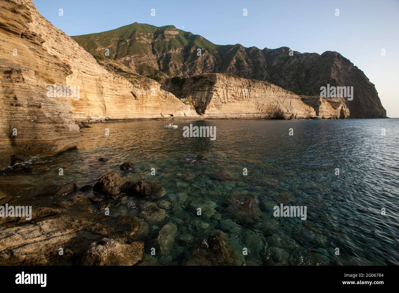 Pollara beach, tuff cliff, boats, Salina island, Aeolian Islands ...