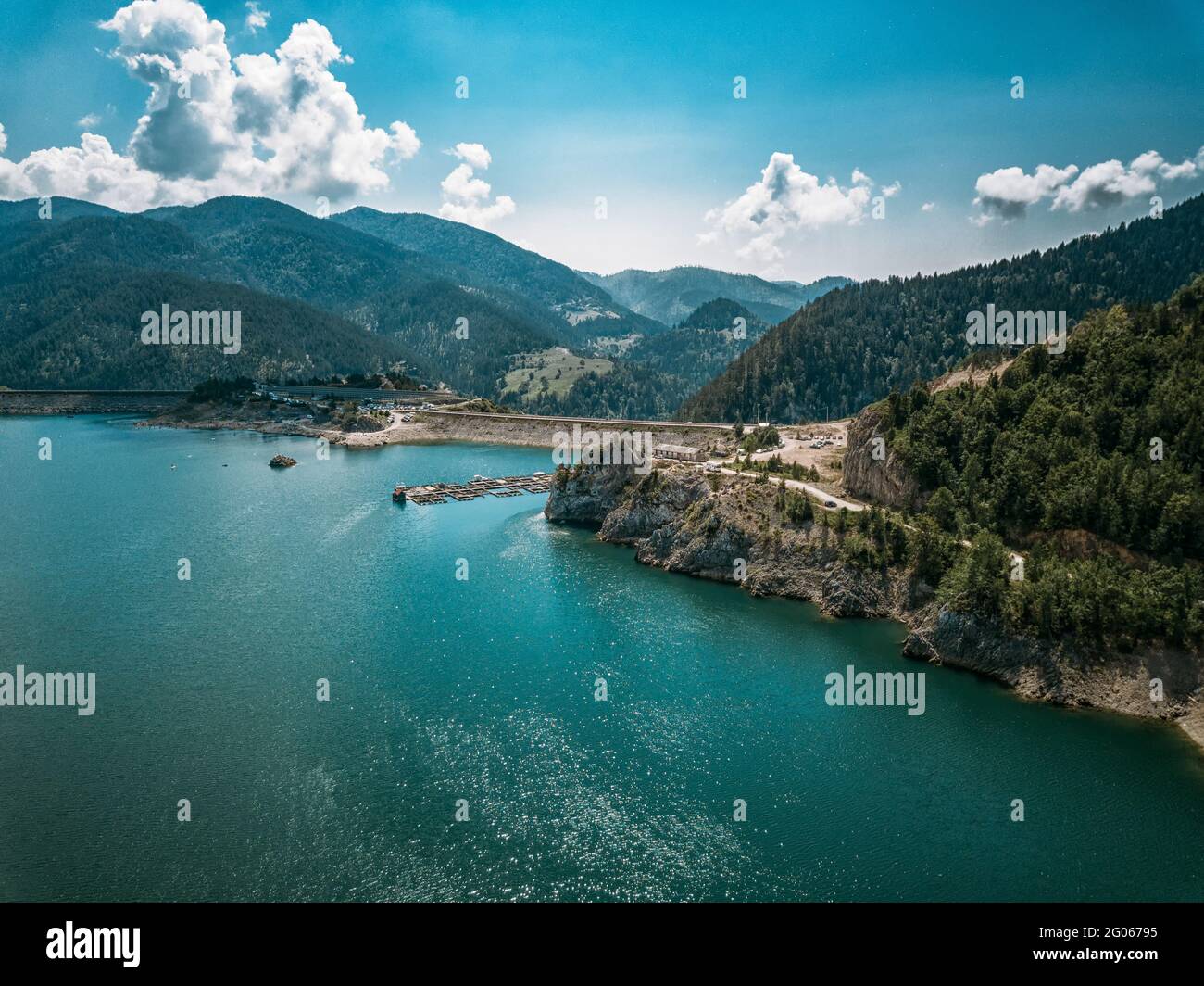 Aerial view of Lazica brana dam and Zaovine lake in Tara mountain ...