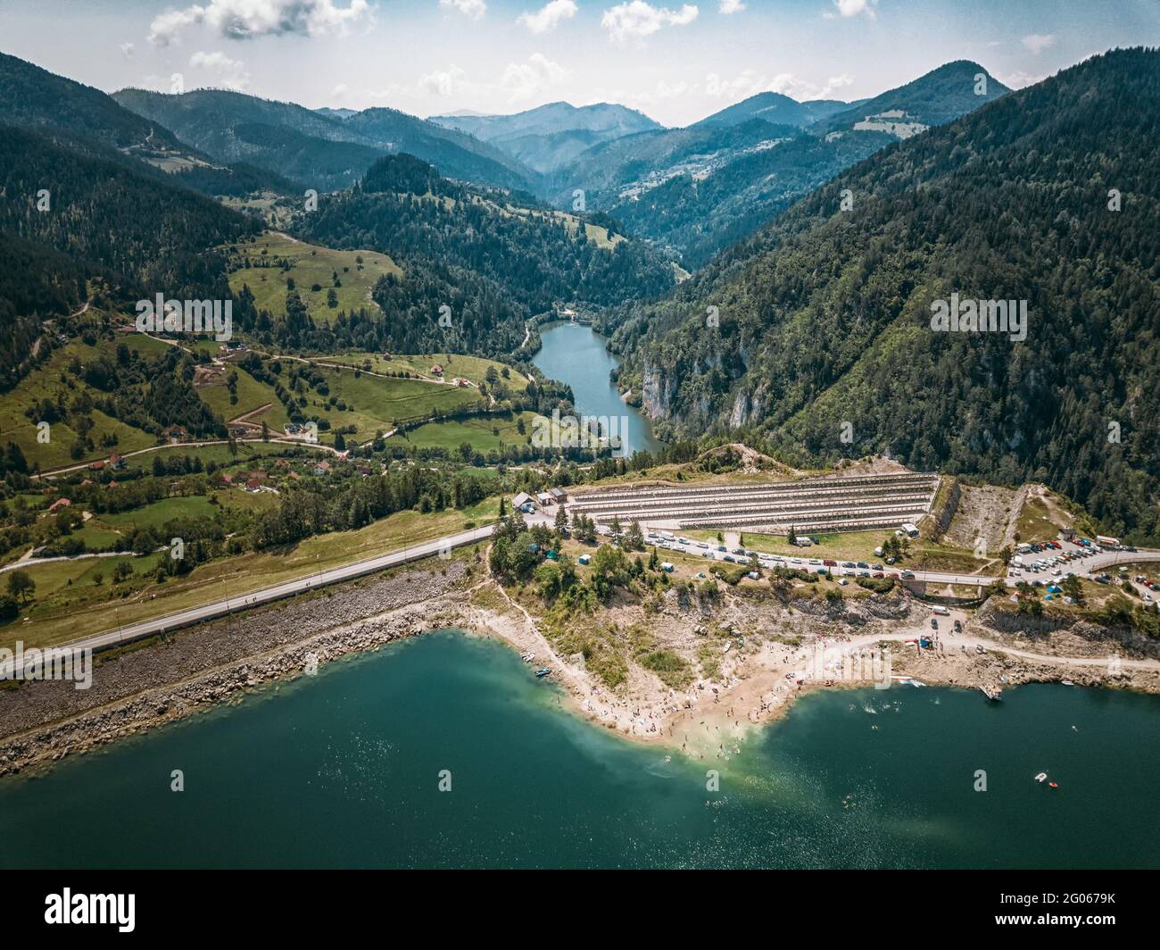 Aerial view of Lazica brana dam and Spajici lake in Tara mountain ...