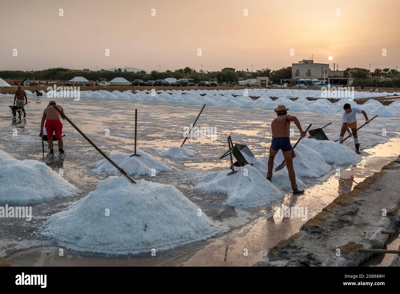 Saltworks, men at work, Saline of Trapani, salt, piles of salt, nature ...