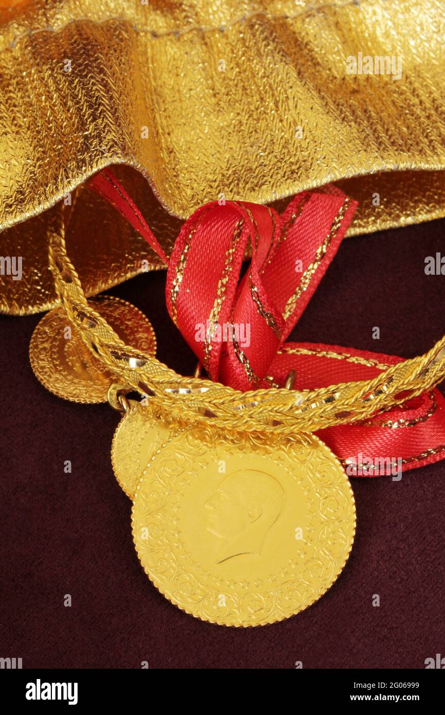 Turkish gold coin. Gold bracelet. Turkish Gold coin necklace Stock ...