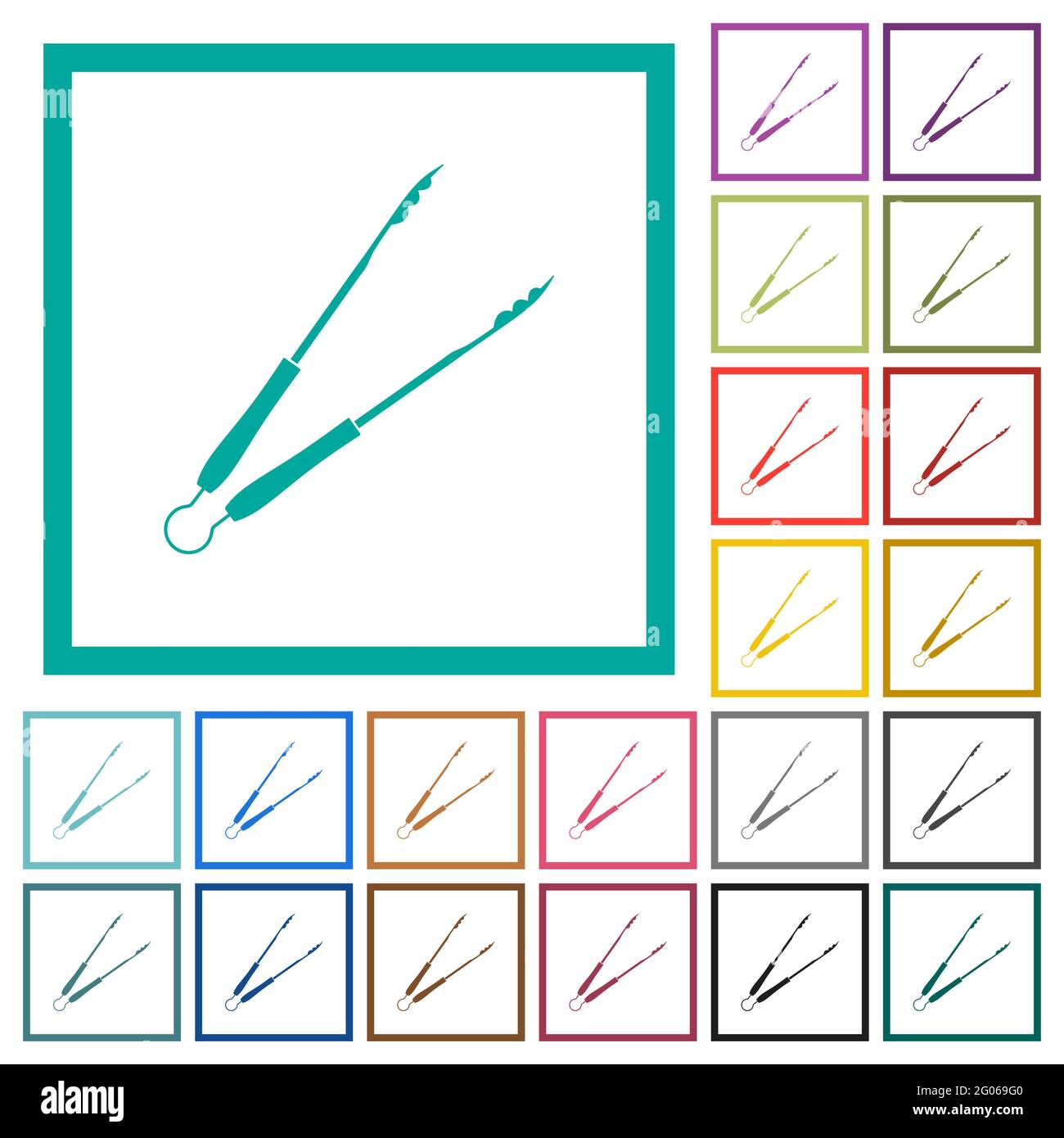Barbecue tongs flat color icons with quadrant frames on white ...