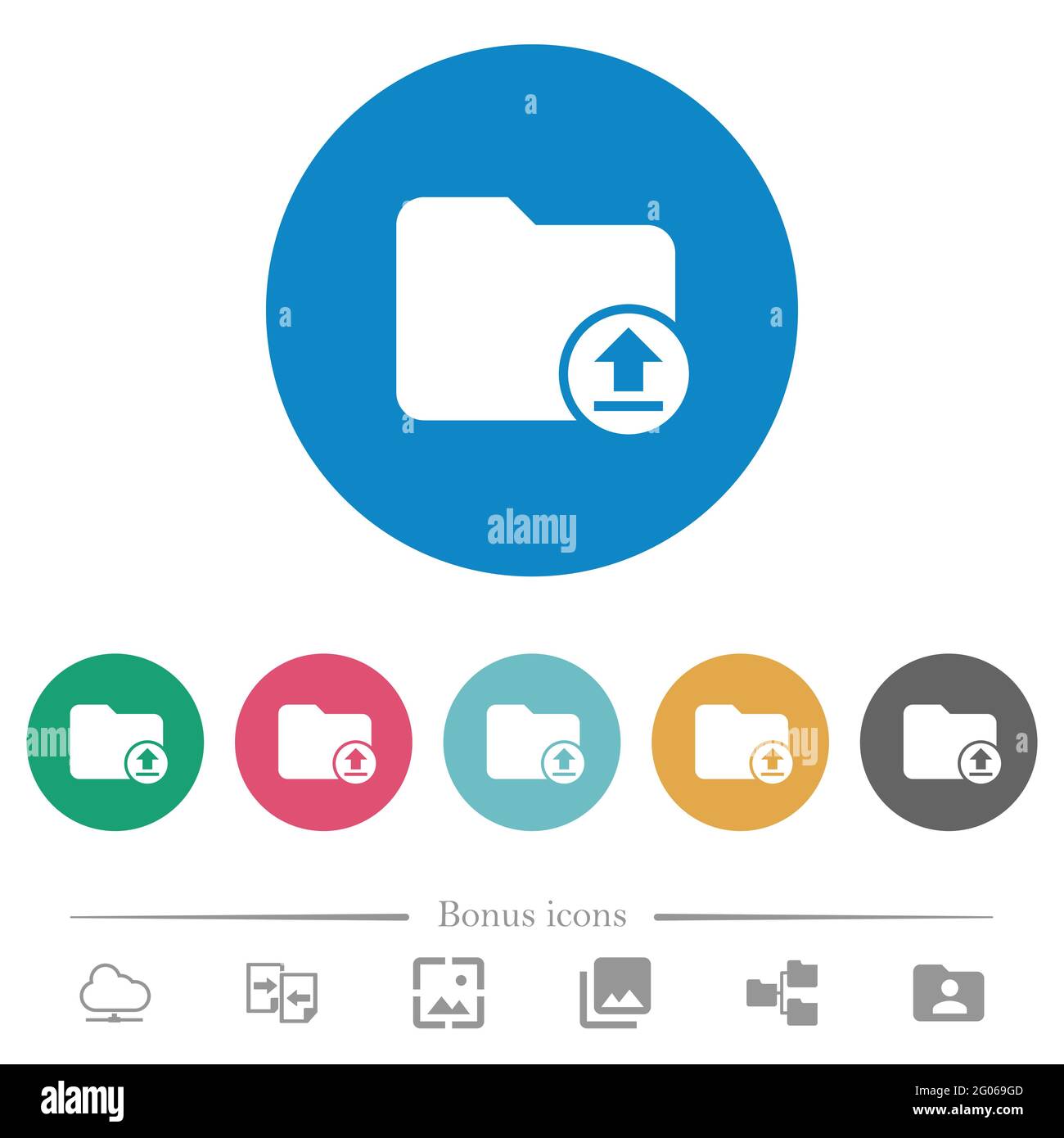 Upload directory flat white icons on round color backgrounds. 6 bonus ...