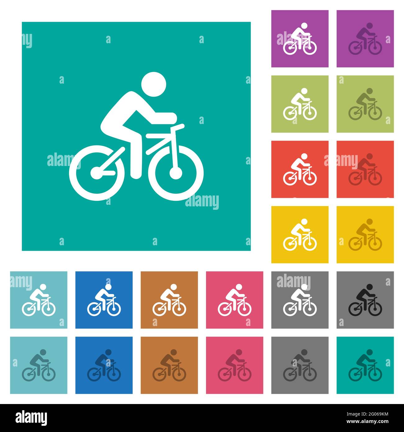 Bicycle with rider multi colored flat icons on plain square backgrounds ...