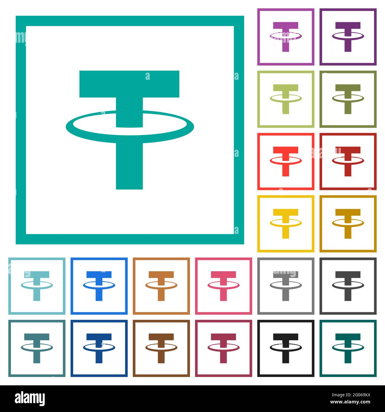 Tether digital cryptocurrency flat color icons with quadrant frames on ...
