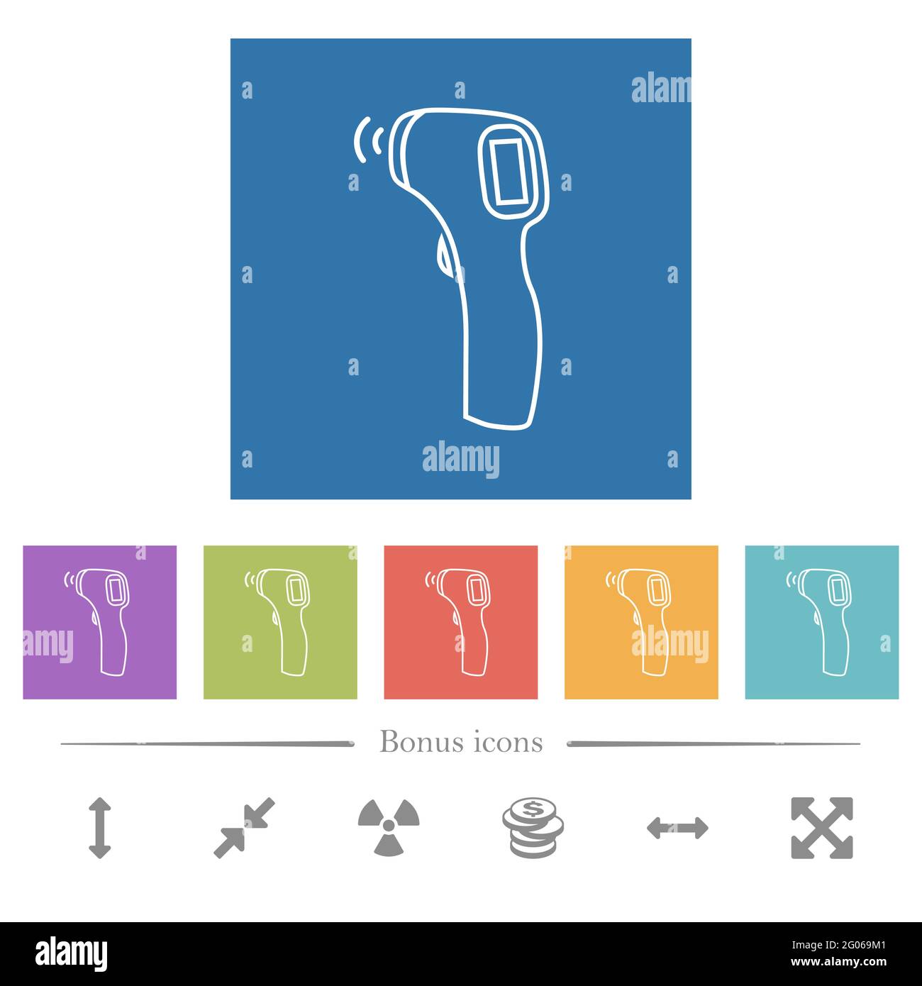Contactless thermometer flat white icons in square backgrounds. 6 bonus ...