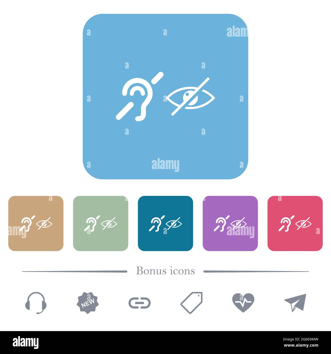 Hearing and visually impaired symbols white flat icons on color rounded ...