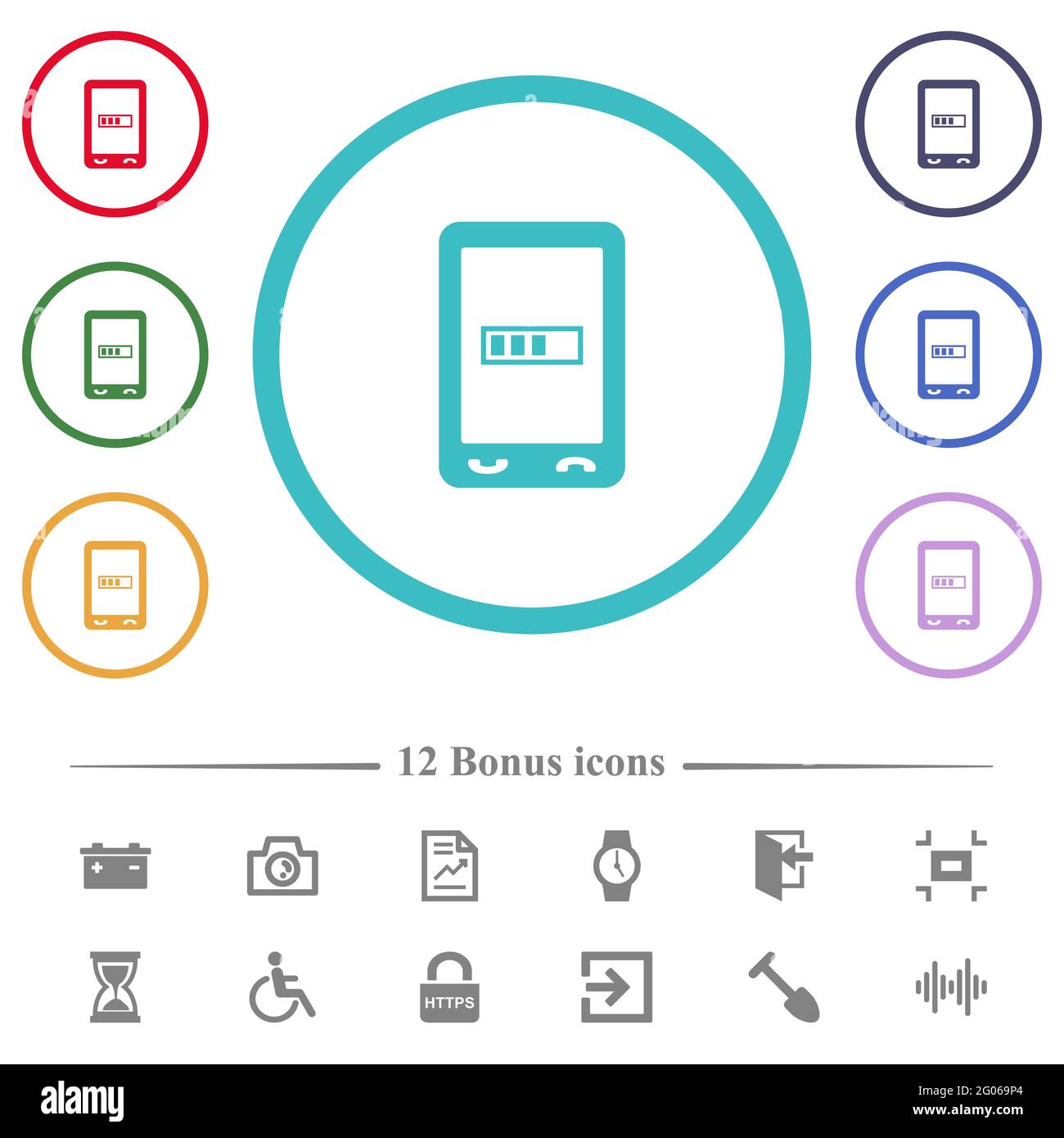 Mobile processing flat color icons in circle shape outlines. 12 bonus ...