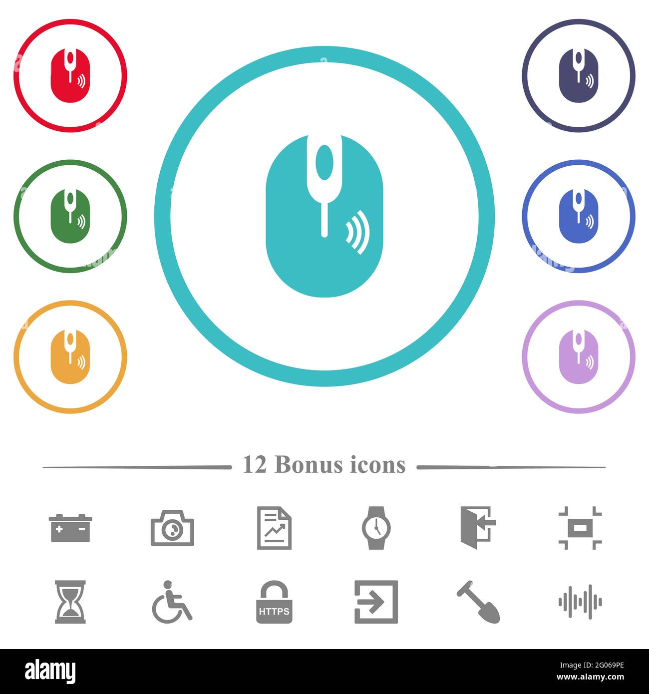 Wireless computer mouse flat color icons in circle shape outlines. 12 ...